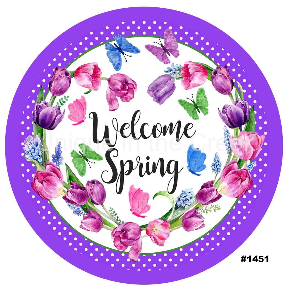 WREATH SIGN | 8" ALUMINUM | WELCOME SPRING | BUTTERFLY | FLOWERS ...